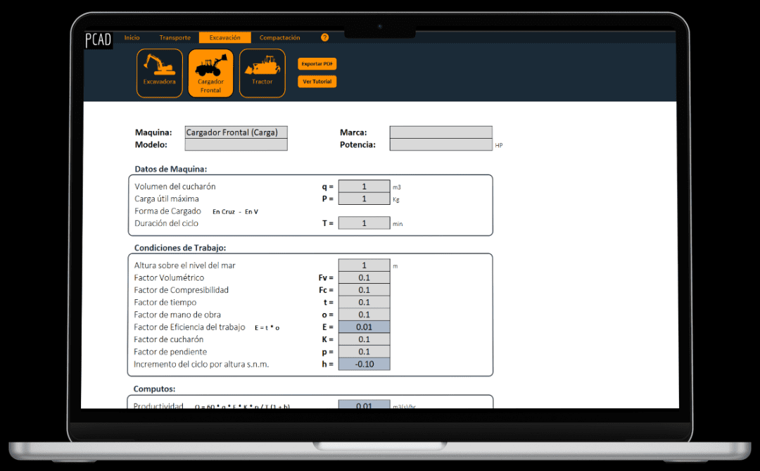Plantilla Excel: Productividad de Equipo Pesado